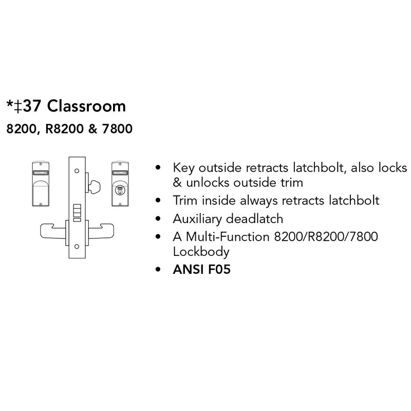 Sargent LC-8237-LNL Classroom Mortise Lock, L - Lever, LN - Rose, Fiel